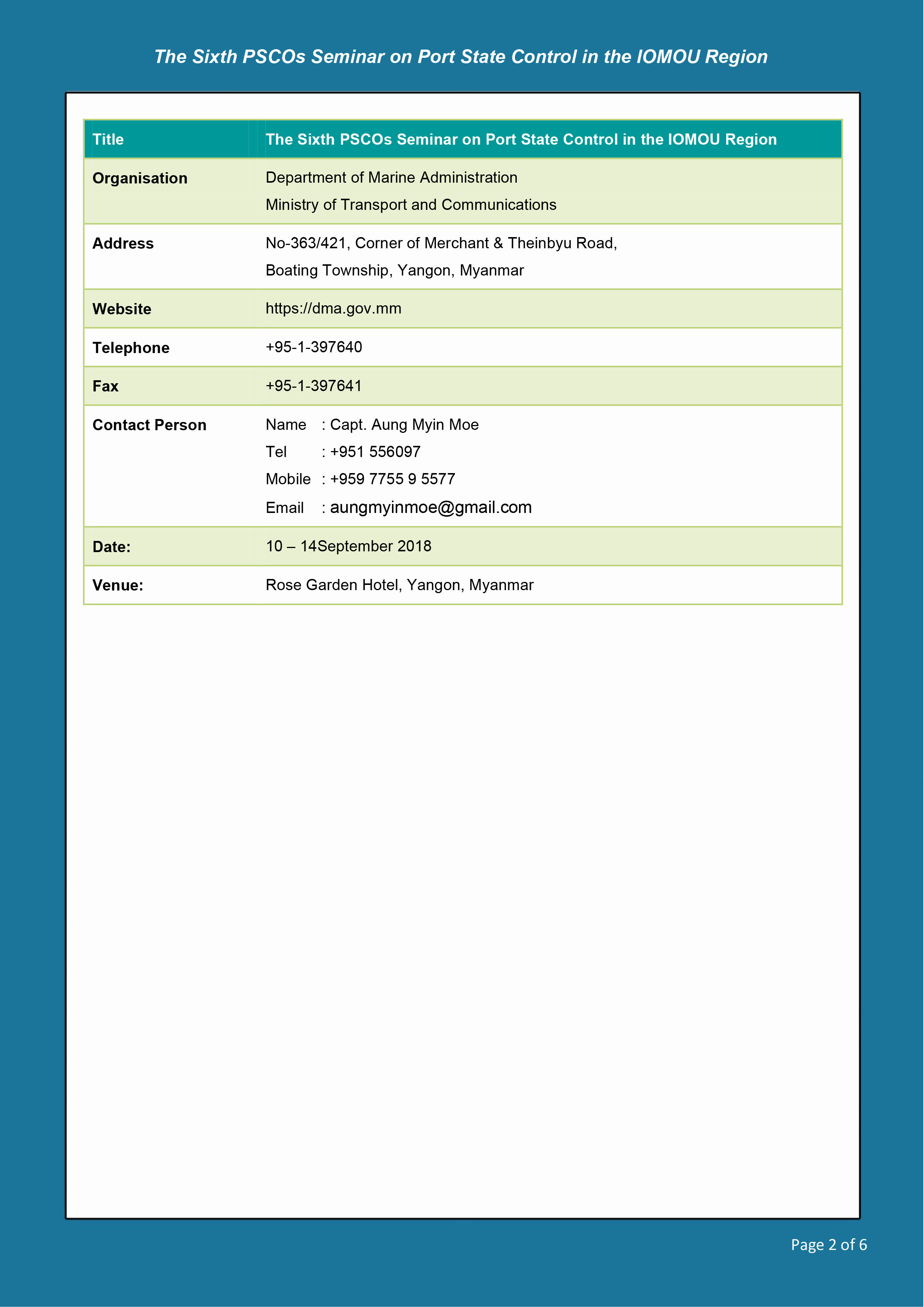 THE SIXTH SEMINAR FOR PSCOs ON PORT STATE CONTROL IN THE INDIAN OCEAN ...
