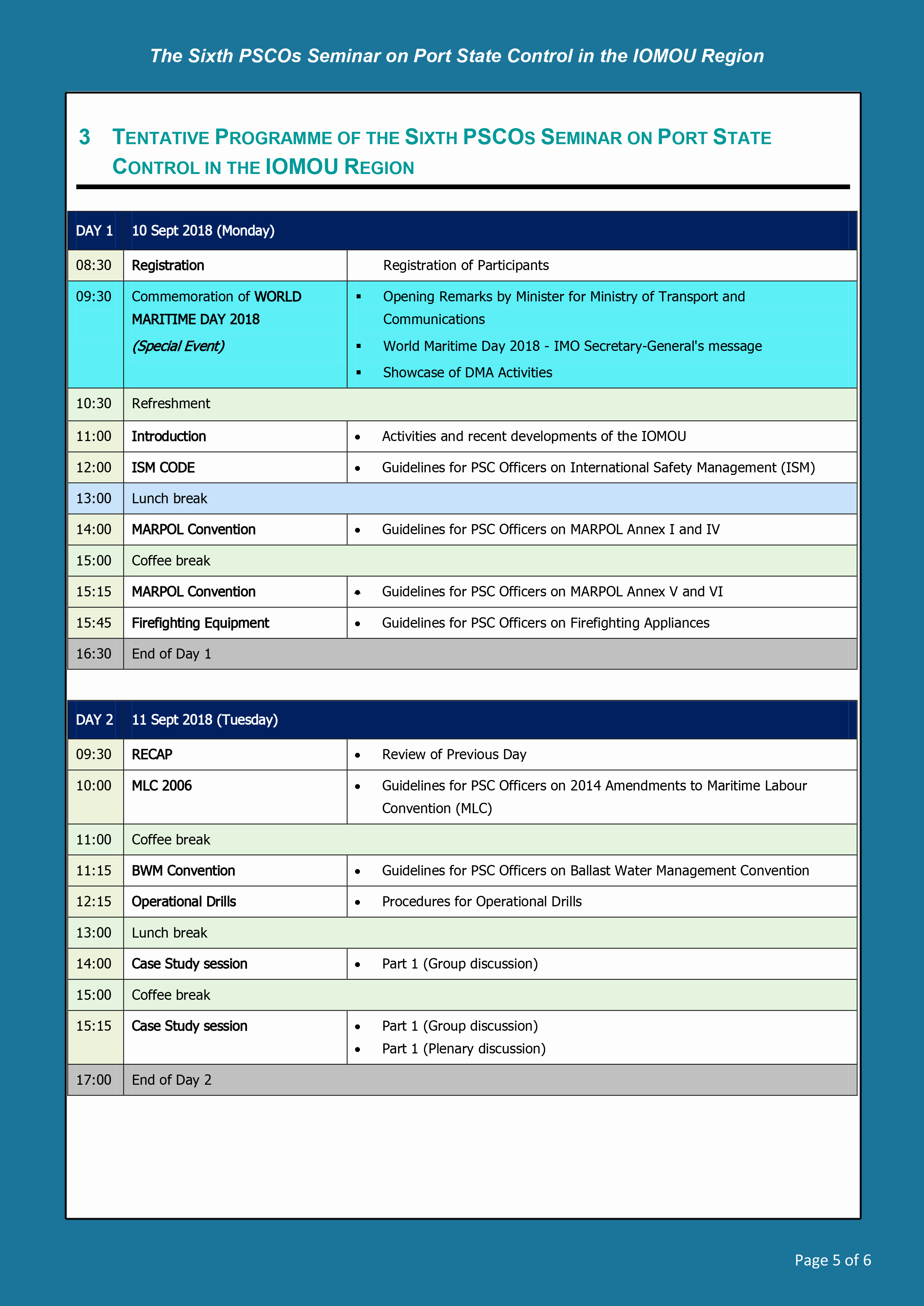 THE SIXTH SEMINAR FOR PSCOs ON PORT STATE CONTROL IN THE INDIAN OCEAN ...